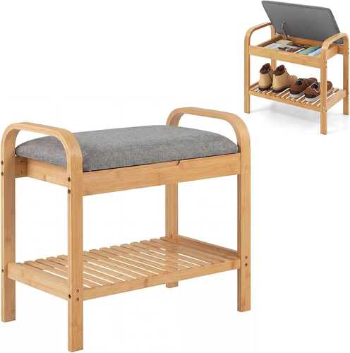 Small Entryway Bench with Storage, 2-Tier Bamboo Shoe Rack Bench with ...