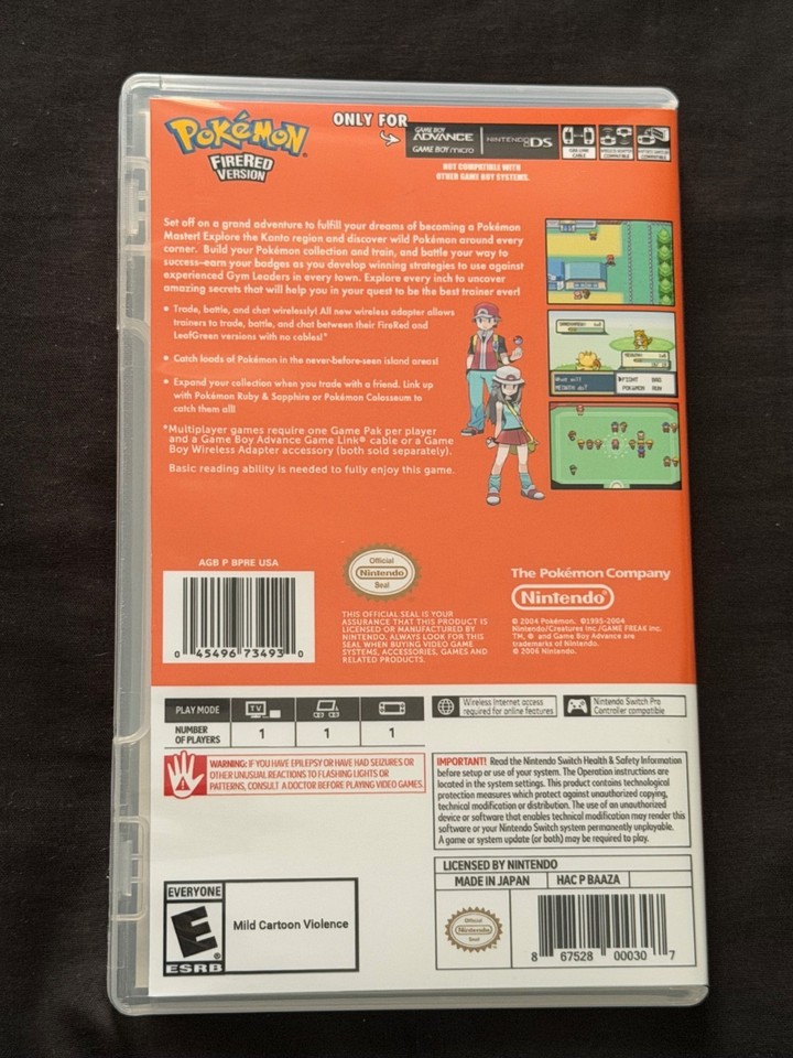 Pokemon FireRed Version GBA for Nintendo Switch Custom Cover + Case ...