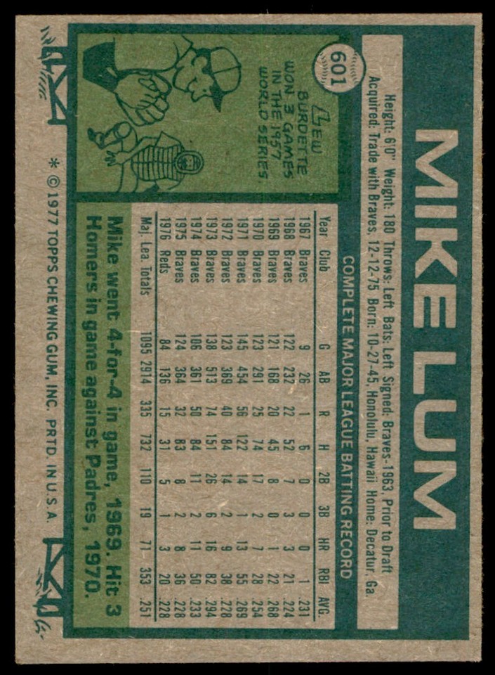 1977 TOPPS MIKE LUM CINCINNATI REDS #601 | eBay