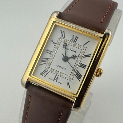 Vintage Pierre Nicol Quartz Watch Unisex Gold Tone Leather Rectangle ...