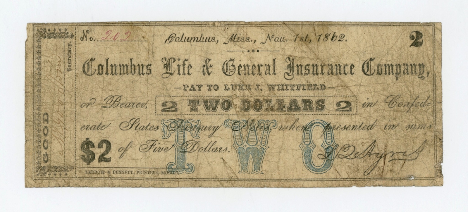 1862 $2 Columbus Life & General Insurance Co. - MISSISSIPPI Note CIVIL WAR Era | eBay