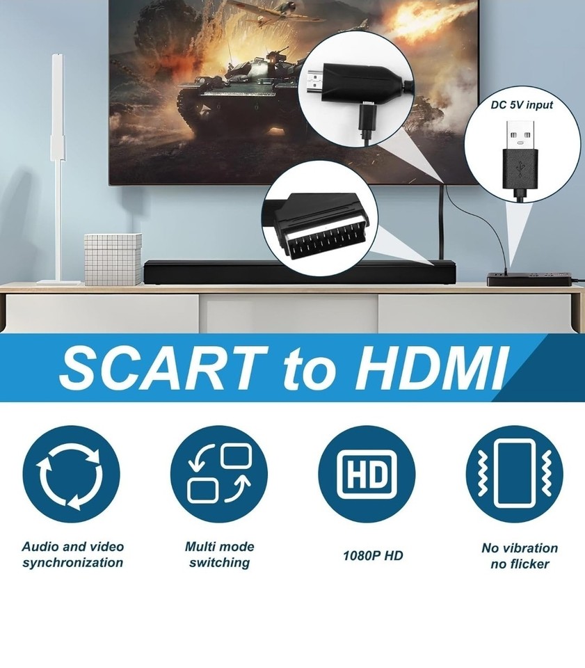 SCART To HDMI Converter Audio Video Adapter For HDTV Sky Box STB Plug ...