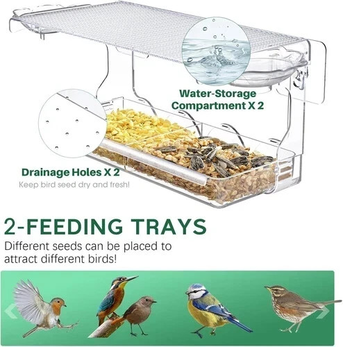Window Bird Feeder and Viewing Box With Double Feed Tray, Clear Perspex ...