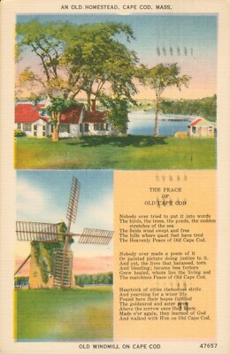 Old Homestead / Windmill / Peace of Old Cape Cod, MA Poem Vintage Linen ...