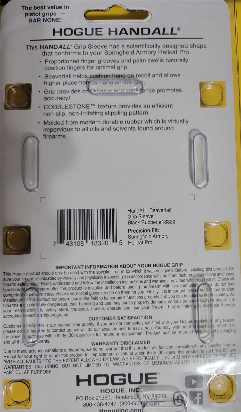 Hogue HANDALL Beavertail Grip Sleeve Springfield Hellcat Pro Black ...