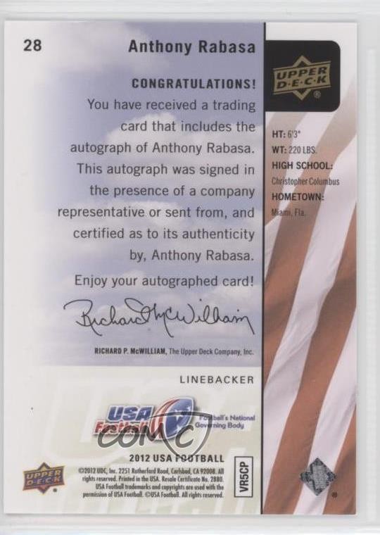2011-12 Upper Deck USA Football Box Set Auto Anthony Rabasa #28 Auto | eBay