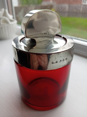Solid silver lid and 16 gramme collar 1892 B'ham ruby glass smelling ...