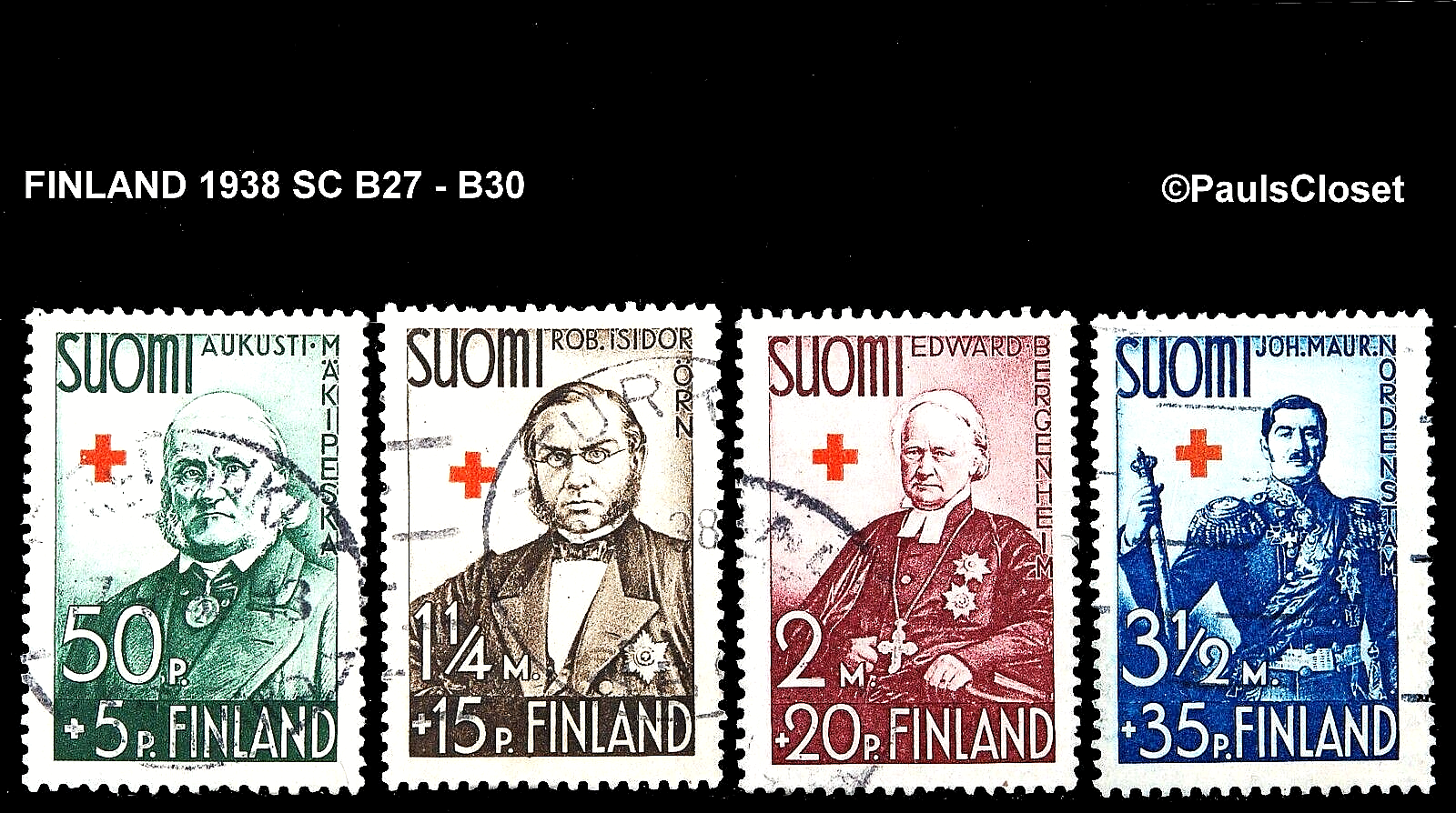 FINLAND 1938 SC B27-B30 PROMINATE FINLAND FIGURES FIN RED CROSS SURTAX ...