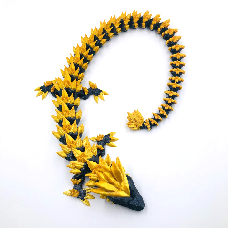 3D Printed Spikey Dragon Mystical Shiny Articulating 18 Inch Gold Black ...