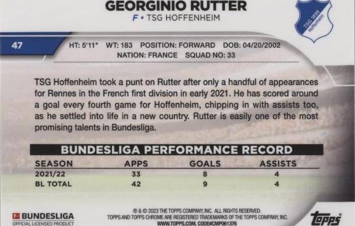 2022-23 Topps Chrome Bundesliga Georginio Rutter #47 for sale | eBay