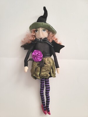 Witch Halloween Shelf Sitter Posable Cloth Witch Doll Figure 12" green ...