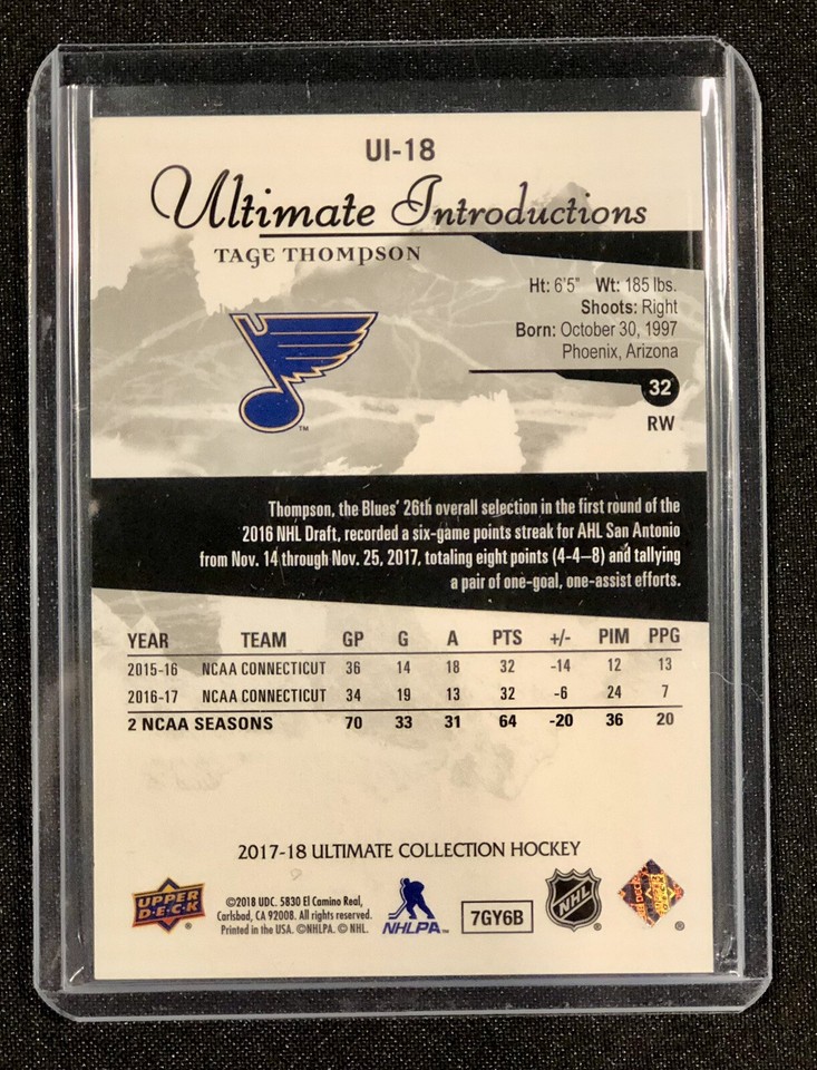 2017-18 Upper Deck Ultimate Tage Thompson Ultimate Introductions Rookie ...