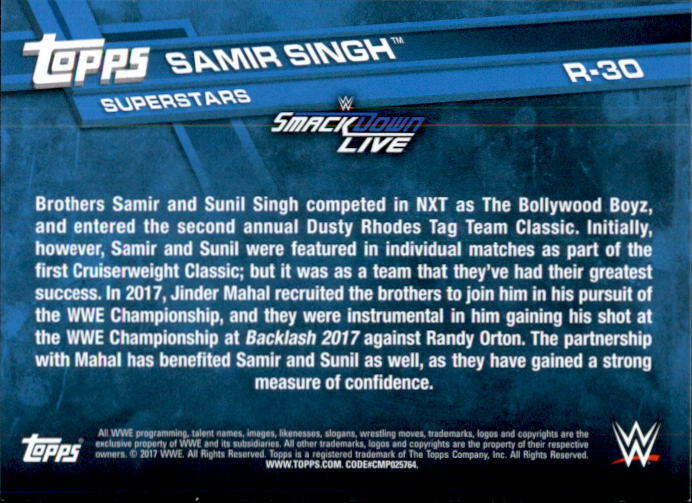 Samir Singh 2017 Topps WWE Then Now Forever Roster Update Rookie Card # ...