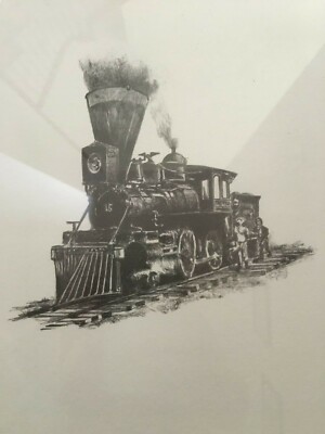 STEAM LOCOMOTIVE Black and White Lithograph Framed Train Engine Print ...