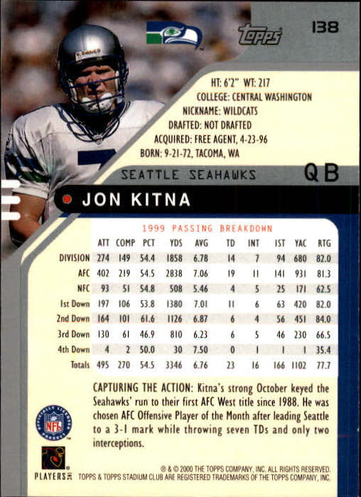 2000 Stadium Club Football Card #138 Jon Kitna | eBay