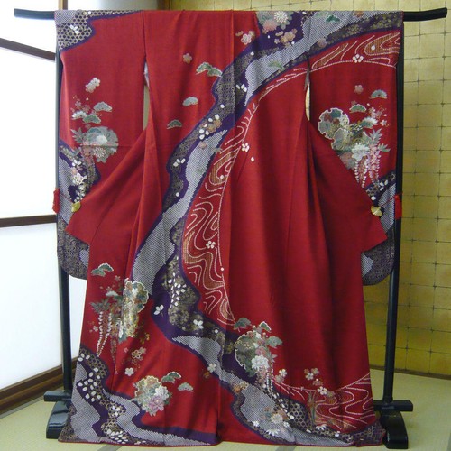 Japanese kimono antique Furisode Hand-squeezed running water princess ...