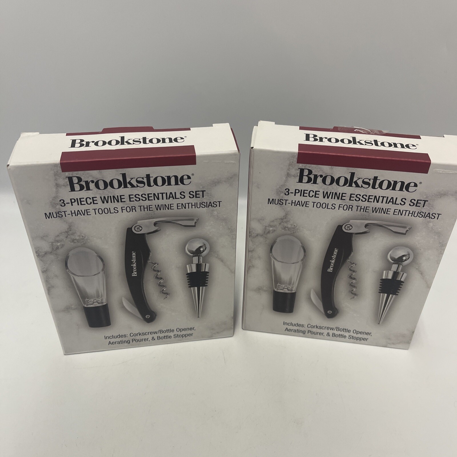 Lot of 2 Brookstone 3 Piece Wine Essentials Set Corkscrew Aerating ...