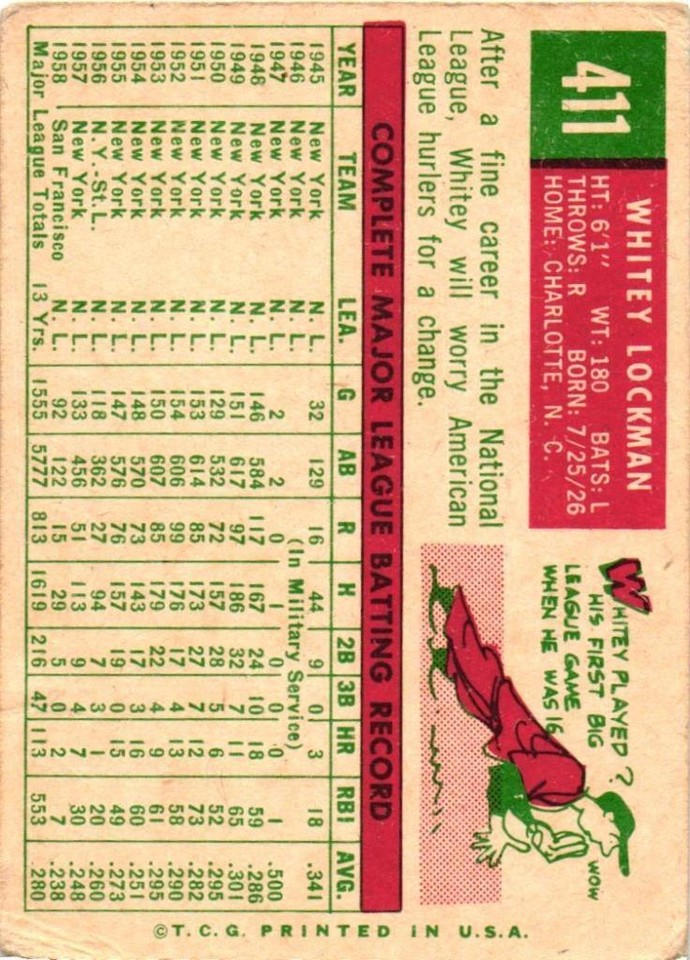 WHITEY LOCKMAN 1959 Topps #411 FREE SHIPPING B14R3S22P3 | eBay