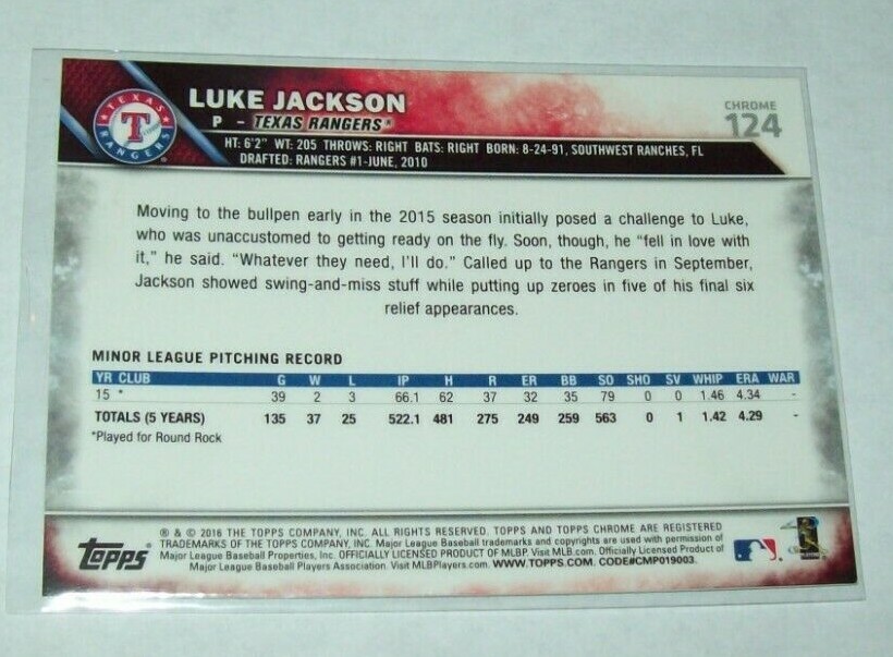 2016 ToppsChrome Texas Rangers Luke Jackson Rookie Hand Signed ...