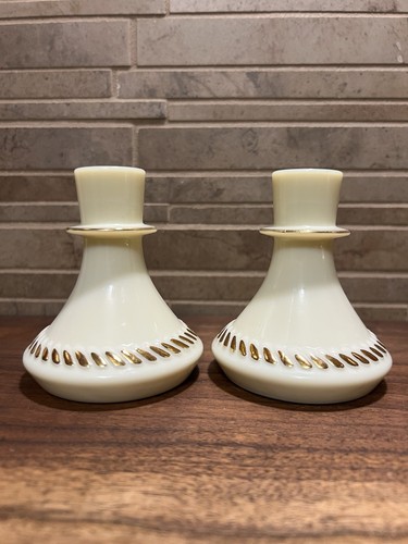 Vintage Pair Custard Glass Wheaton Ware Candle Holders Gold Trim 1970's ...