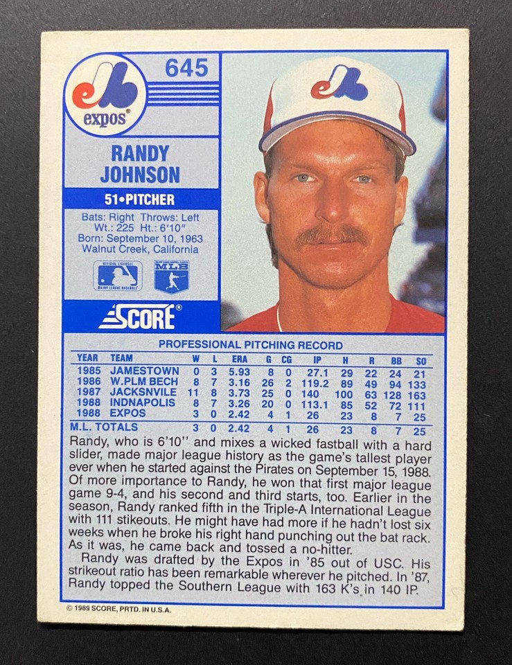1989 Score - Hall of Famer - Randy Johnson - Montreal Expos - Rookie ...