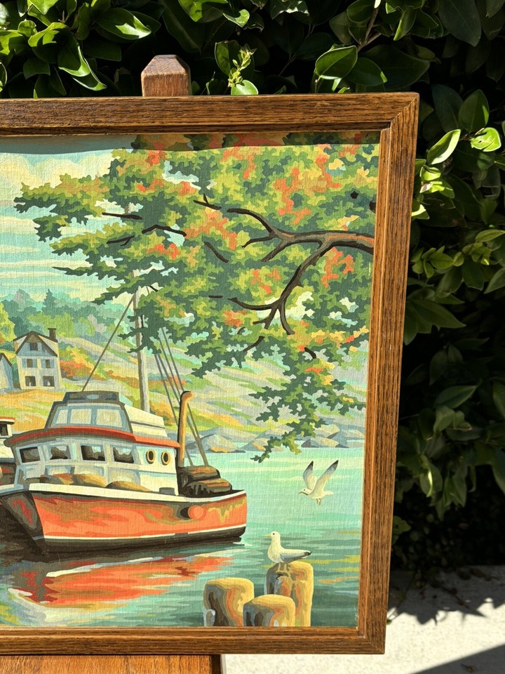 VTG MCM Paint By Numbers Painting Dock Harbor Boat Seagulls Water ...