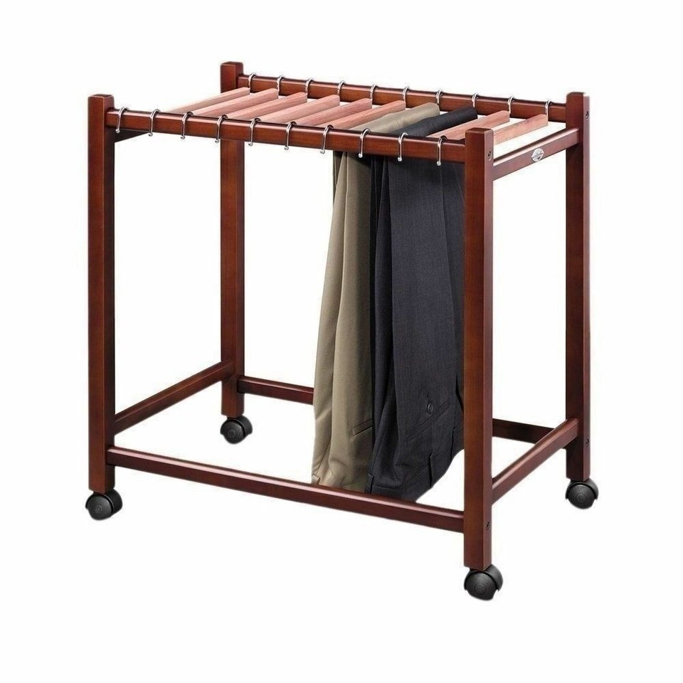 Brown Wooden Rolling Pant Trouser Trolley Cart Organizer Clothes Hanger ...