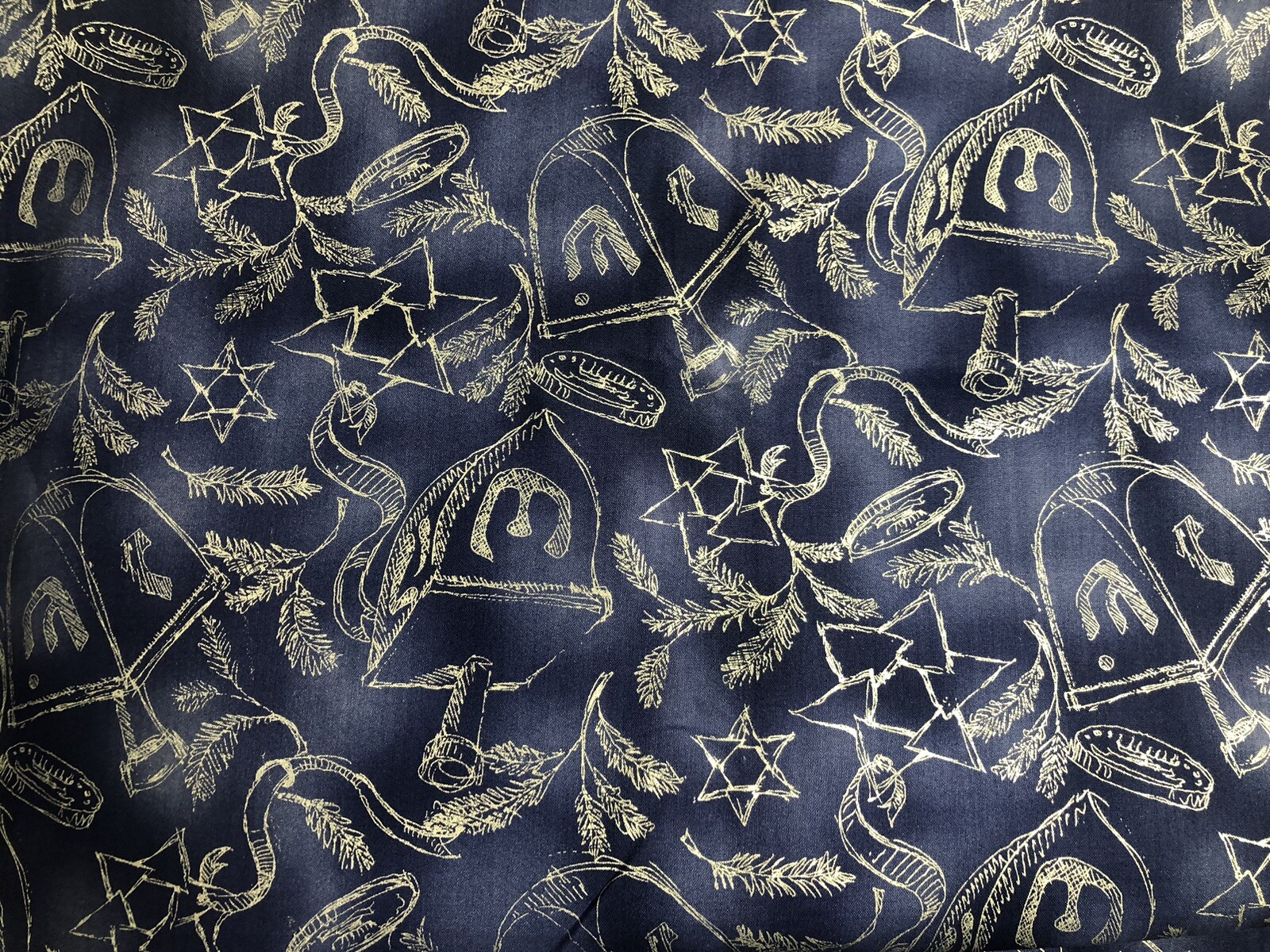 5-YARDS Blue/Silver Metallic Jewish Print Cotton Fabric DREIDEL/STAR OF ...