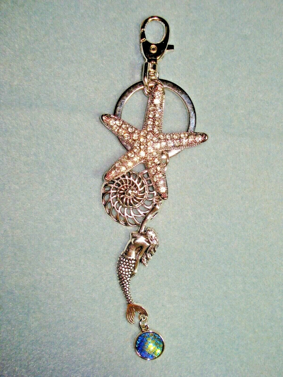 6 1/2" Dangle Large Rhinestone Starfish Mermaid Beach Tote Glitzy Key ...