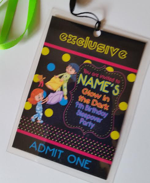 Personalised VIP Pass Lanyard Birthday Party Invite Neon Glow Slumber ...