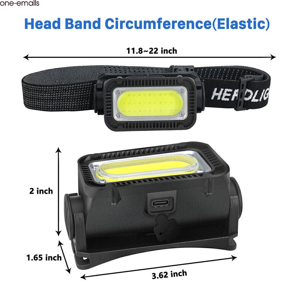COB LED Headlamp USB Rechargeable Headlight Torch Work Light Bar Head ...