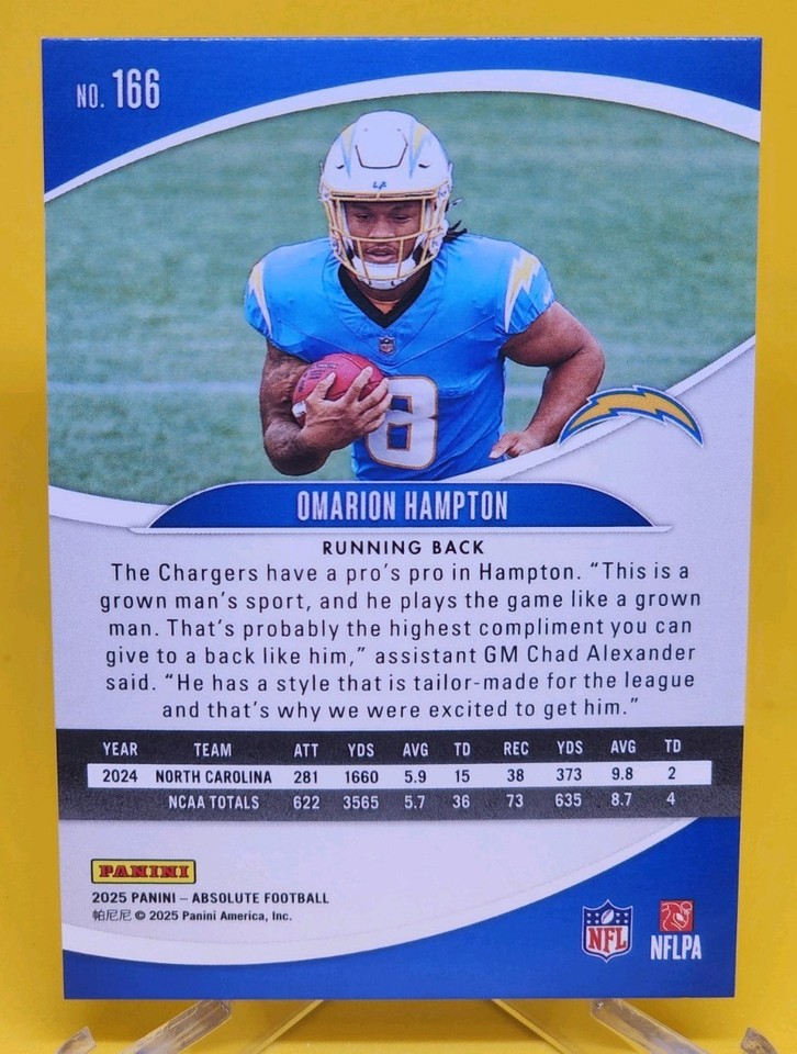 Omarion Hampton 2025 Absolute Football Rookie Card #166 Los Angeles ...