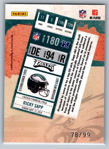 2010 Playoff Contenders #180 Ricky Sapp Rookie Playoff Ticket #/99 ...