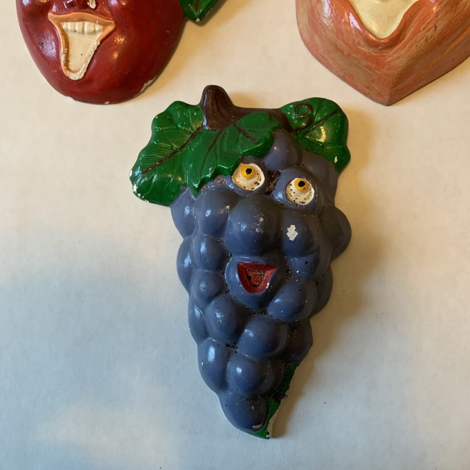 7 Vtg 1970s Anthropomorphic Fruit Chalkware Wall Plaques Grape Pear ...