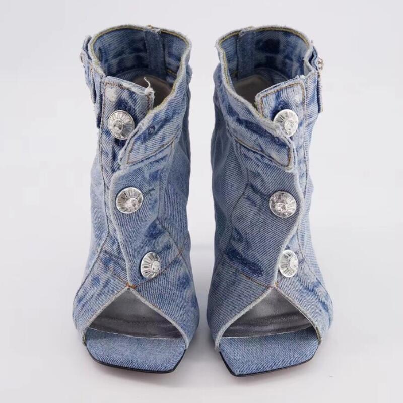 Women's Peep Toe Stiletto Button Denim Jeans Ankle Boots High Heel ...