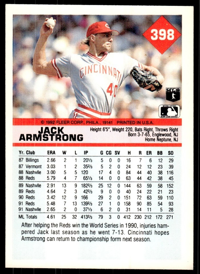 1992 Fleer Baseball Card Jack Armstrong Cincinnati Reds #398 | eBay