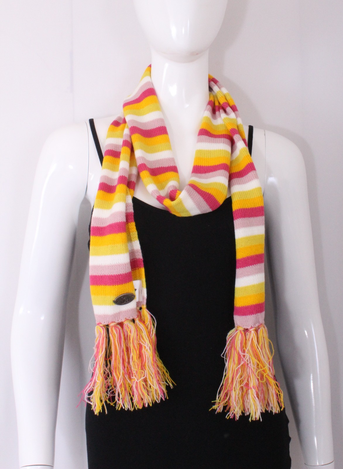 ERICA PINK AND YELLOW STRIPED LONG SCARF WITH FRINGE | eBay
