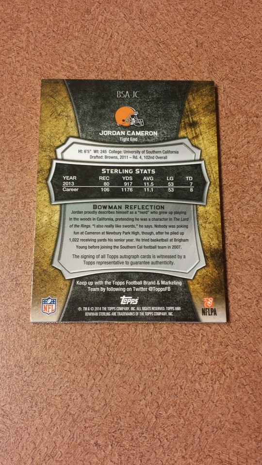 2014 bowman sterling Jordan Cameron autographed card. # 6/15. Browns | eBay