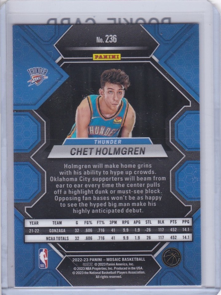 CHET HOLMGREN ROOKIE CARD 2022 Mosaic Basketball OKLAHOMA CITY THUDER ...