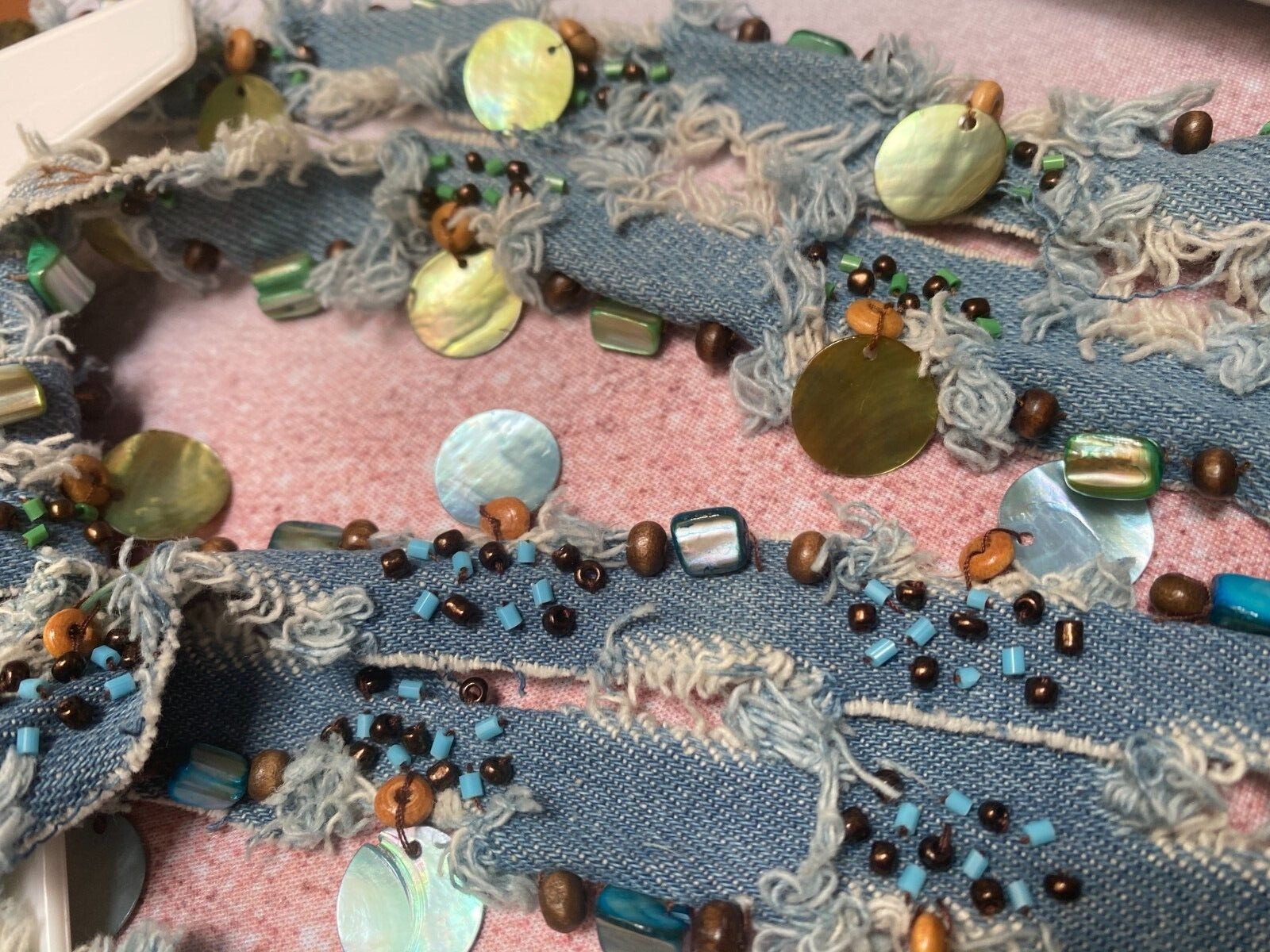hand sewn trim shells beads denim blue green 1" raw edges 1yd made in ...