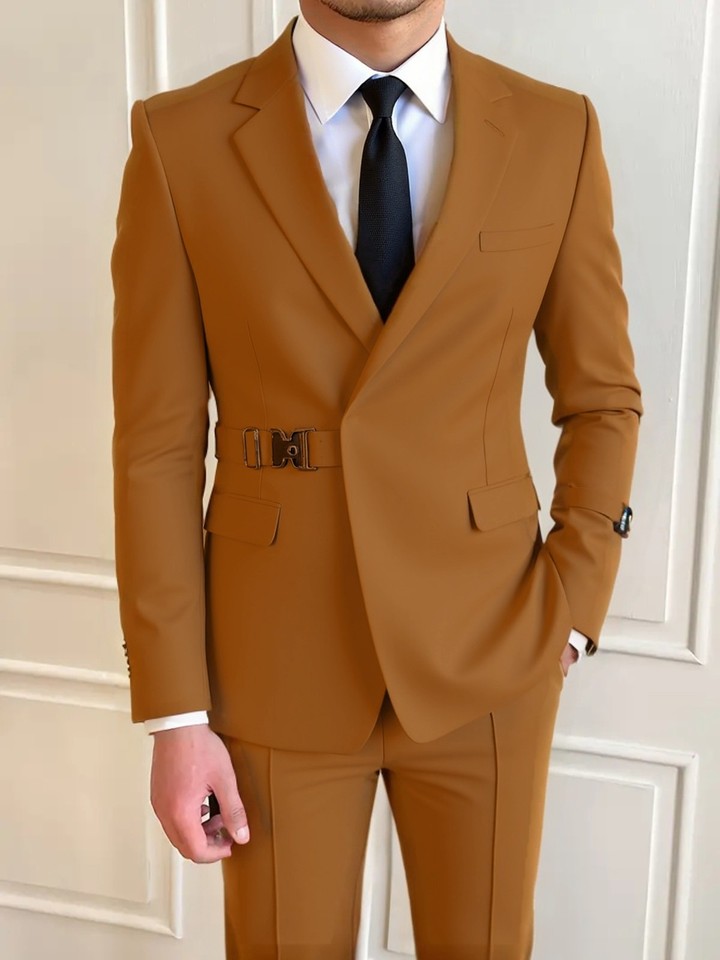 Mens 2Pcs Metal Buckle Belted Suit Wedding Groom Prom Business Suit ...