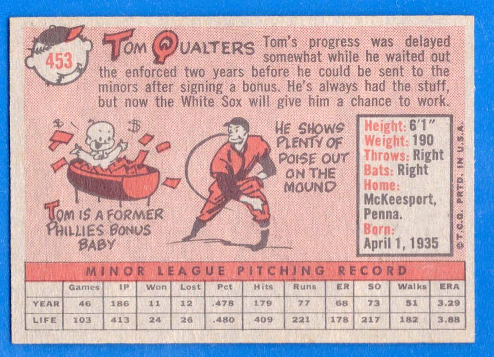 1958 Topps High #453 Tom Qualters Chicago White Sox EX or Better Well ...