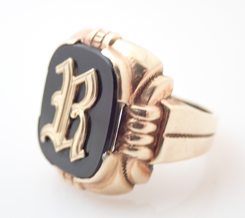 Antique Art Deco Ostby Barton OB 10k Gold Signet Initial "R" Onyx Band ...