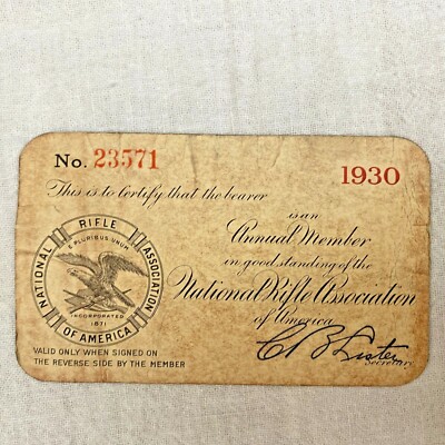 1930 NRA NATIONAL RIFLE ASSOCIATION ANNUAL MEMBERSHIP CARD | eBay