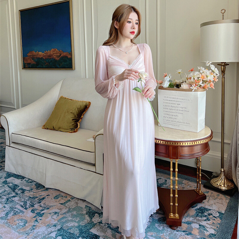 Women Mesh Nightdress Sleepwear Princess Nightie Lace Trim Nightgown ...
