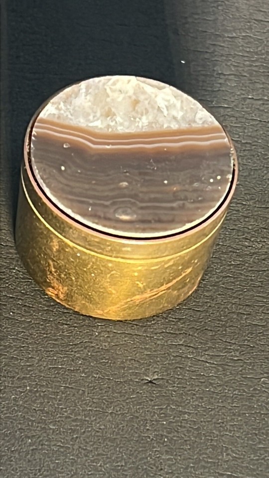 Vintage M. B. Morais Round Brass Trinket Box Quartz Agate Inlay Lid ...