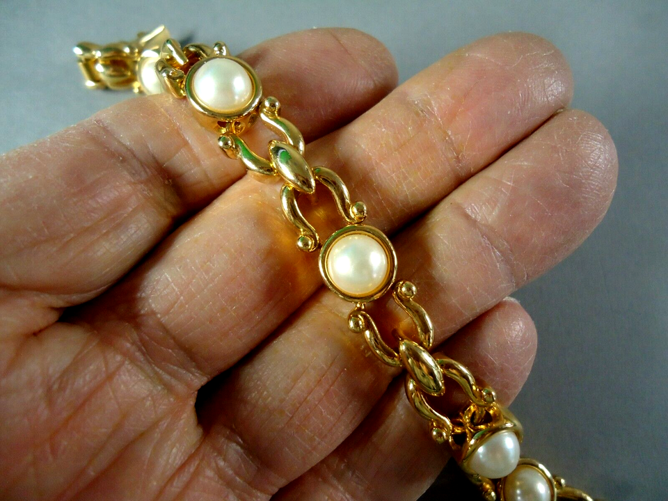 Vintage Erwin Pearl Gold Tone Simulated Pearl Fancy 7.5" Link Bracelet ...