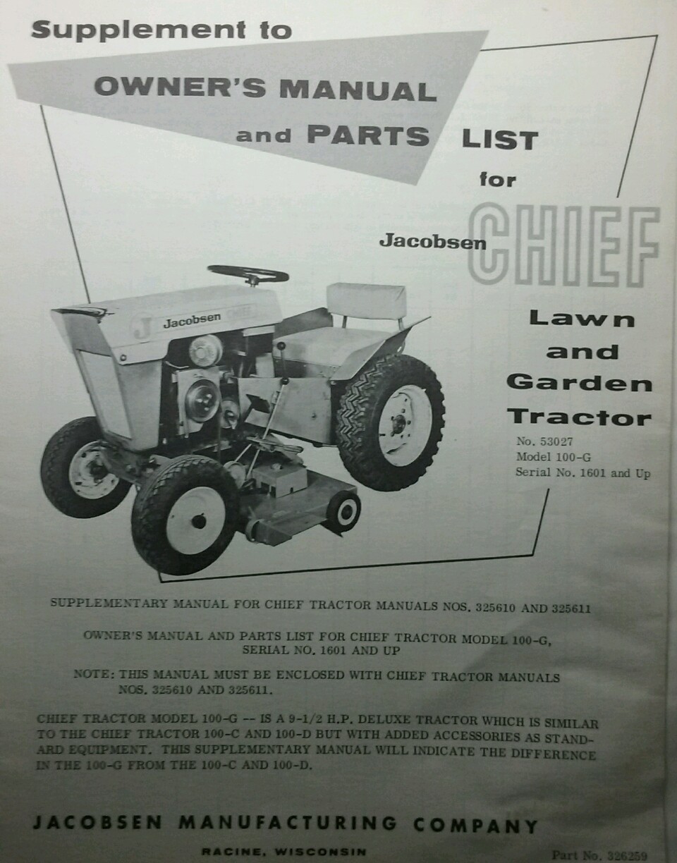Jacobsen Chief 100-G 100G Supplement Lawn Garden Tractor Owner & Parts ...