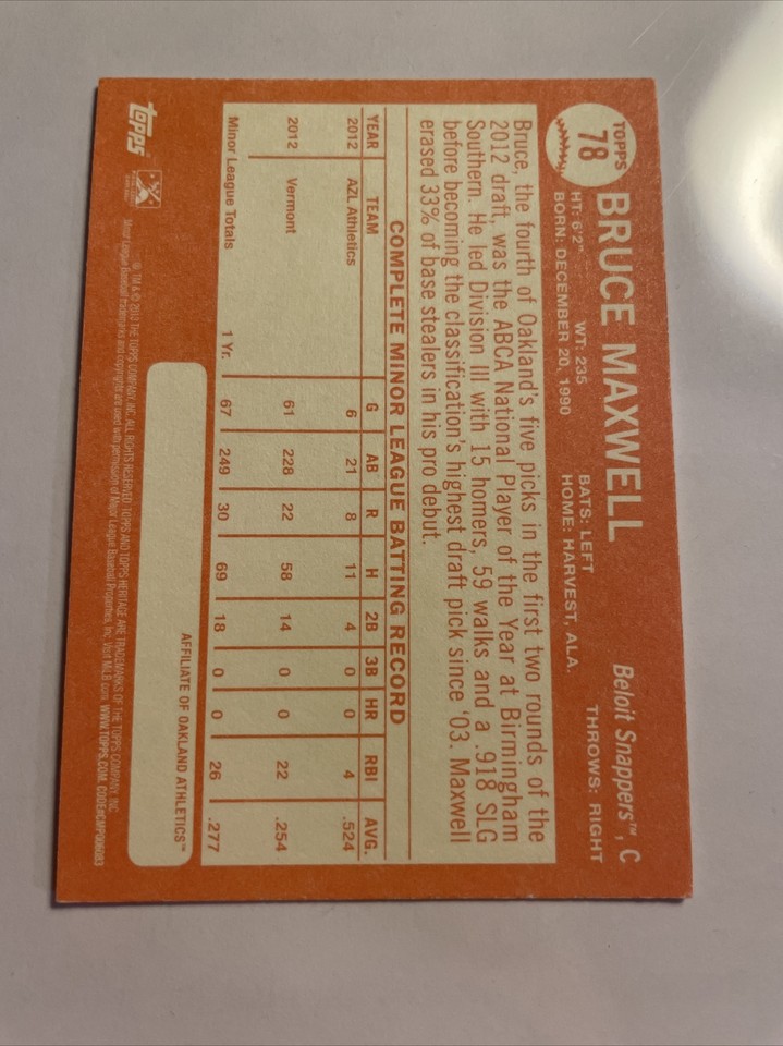 2013 Topps Heritage Minors Baseball Bruce Maxwell Autographed Card #78 ...