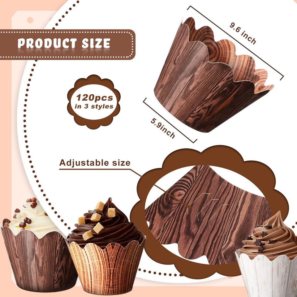Wood Grain Cupcake Wrappers Rustic Liners Woodland Theme Cake Decor 120 ...